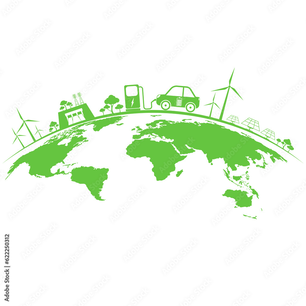 Electric car charging station with green energy on Earth map. Green ...