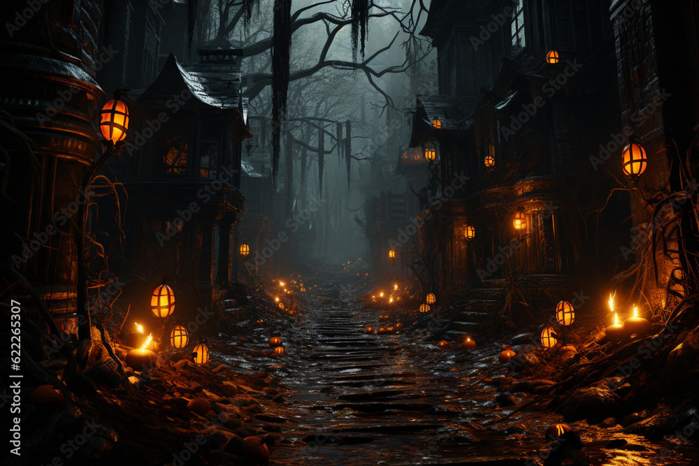 A spooky haunted trail, with lanterns lighting the way and unexpected ...