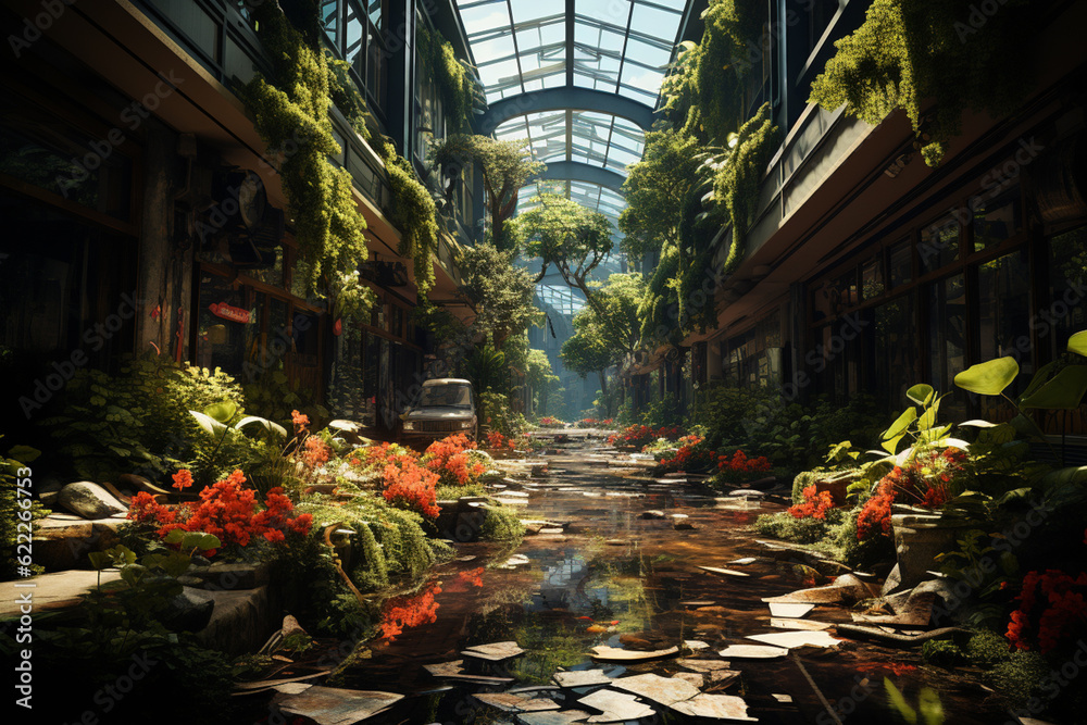 A ruined and overgrown shopping mall, with shattered glass windows and ...