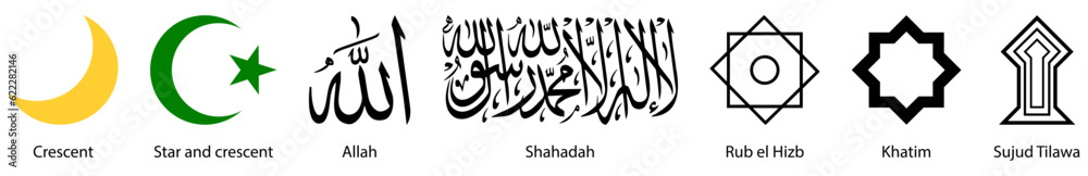 Set of symbols of Islam. Crescent, Star and crescent, Allah, Shahadah ...