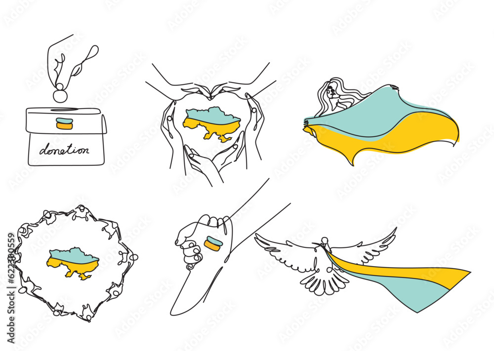Ukraine map and flag outline one line art, hand drawn national blue ...