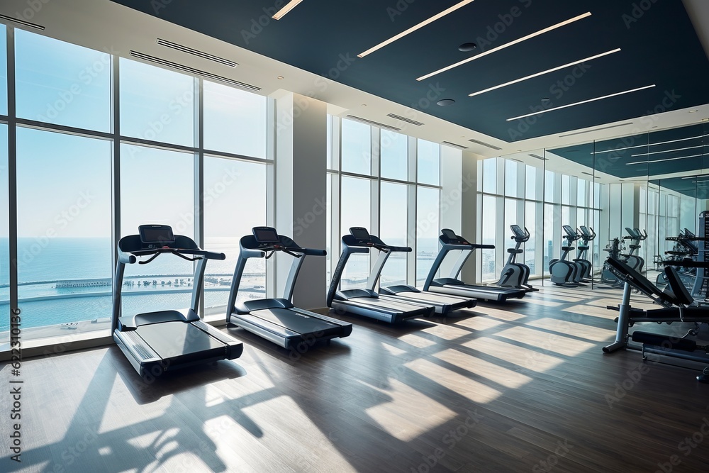 Fitness center gym interior design with daylight big window center city ...