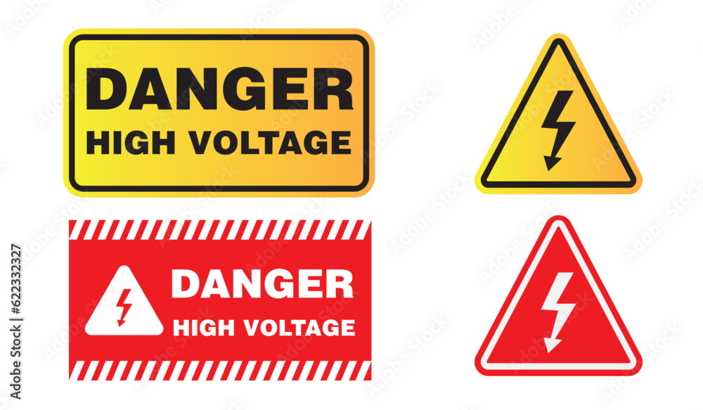 High voltage sign. Lightning bolt icon set. Electric shock caution ...