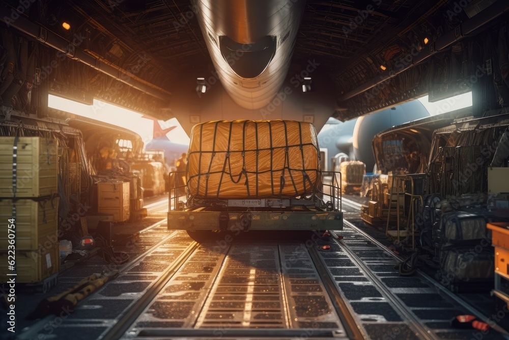 Loading transport aircraft in the hangar of cargo terminal. Large bales ...