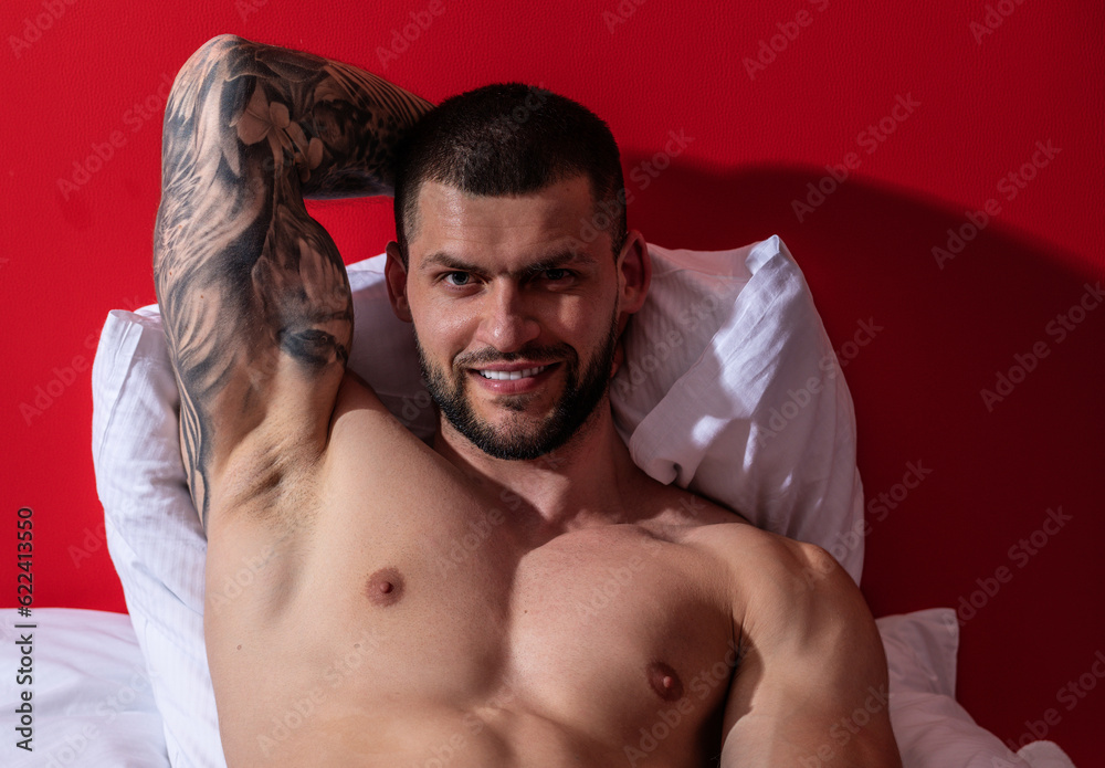 Photo Stock Sexy And Naked Muscular Young Man Posing On Sofa Sexy Nude Shirtless Male Model