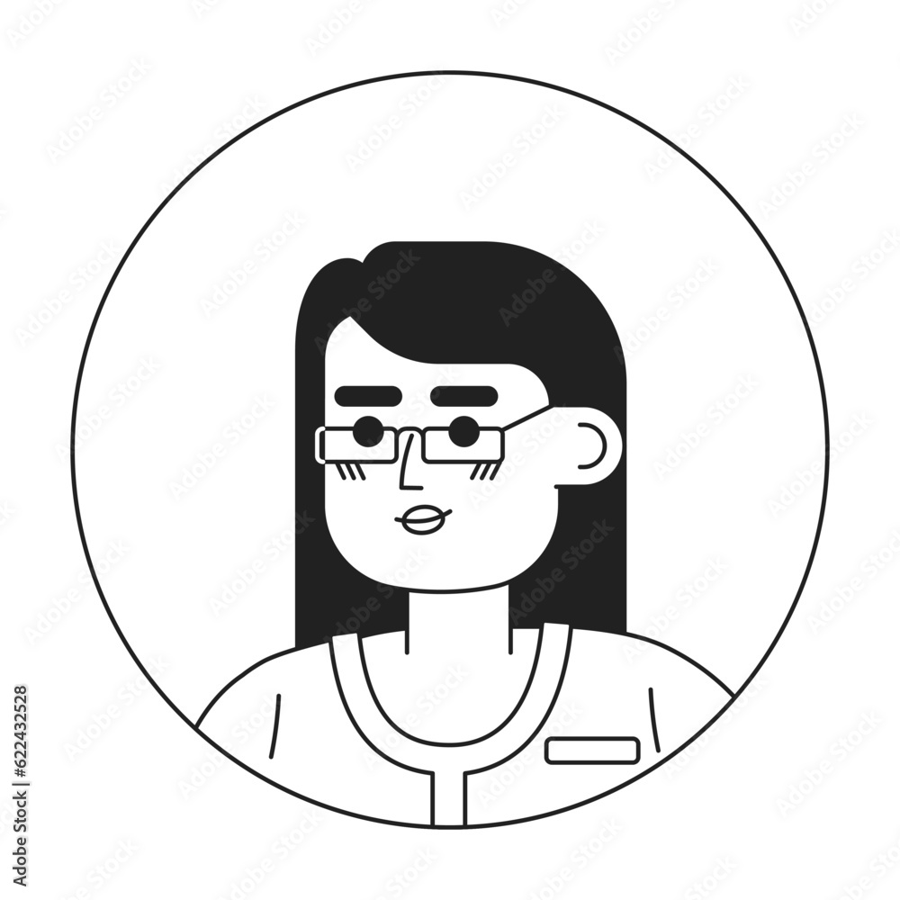 Pretty asian lady with glasses monochrome flat linear character head ...