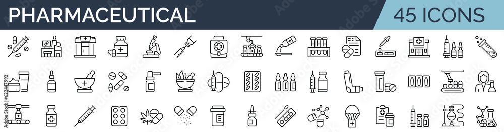 Set of 45 outline icons related to pharmaceutical. Linear icon ...