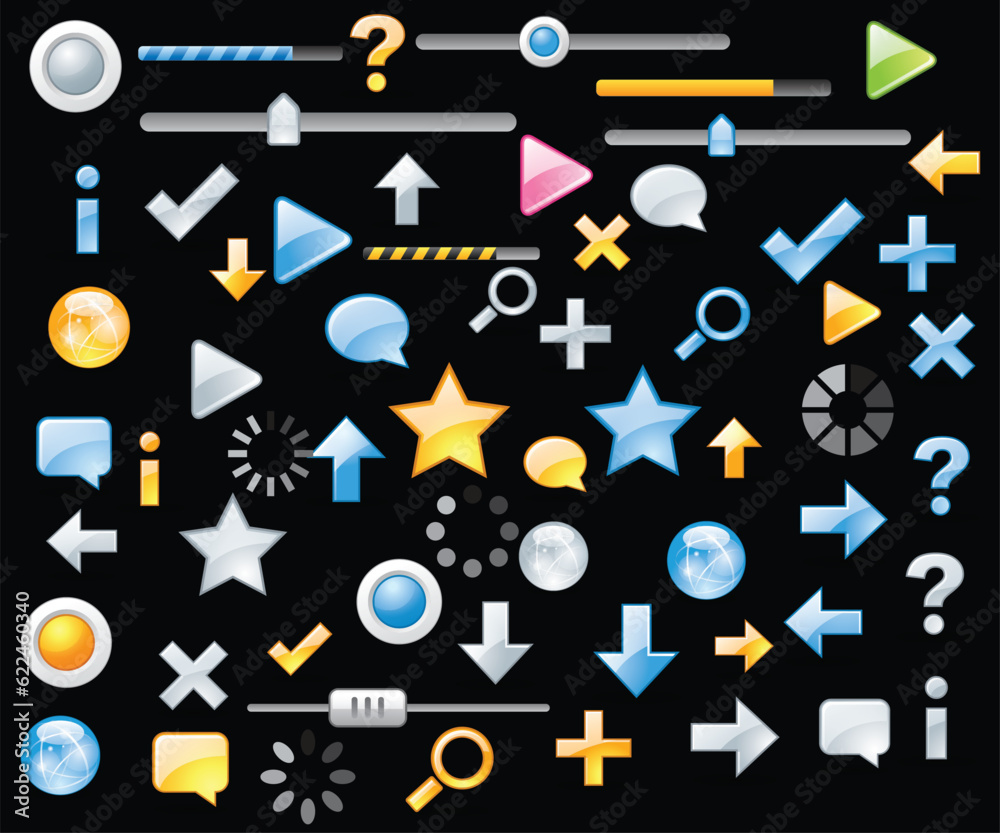 Complete of graphical user interface GUI botton. Screens, resource bars, icons for games ui set ...