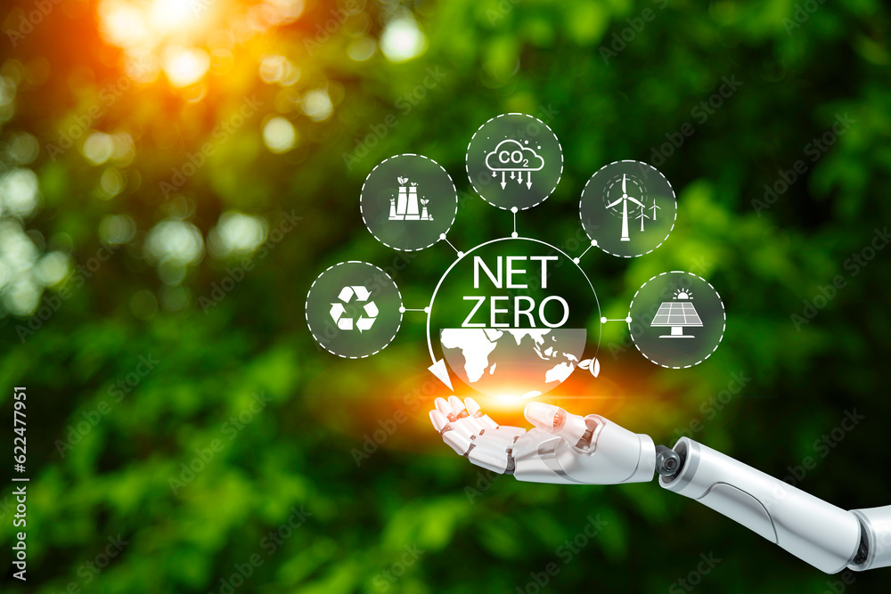 Stock-Foto „Net zero concept. AI, machine learning, robot hand touching ...