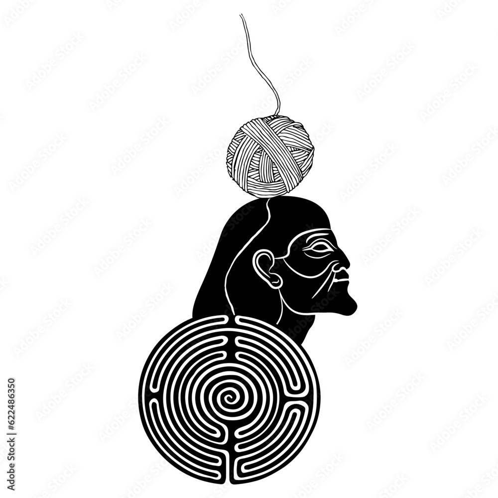 Head of ancient Egyptian bearded man with a round spiral maze or ...