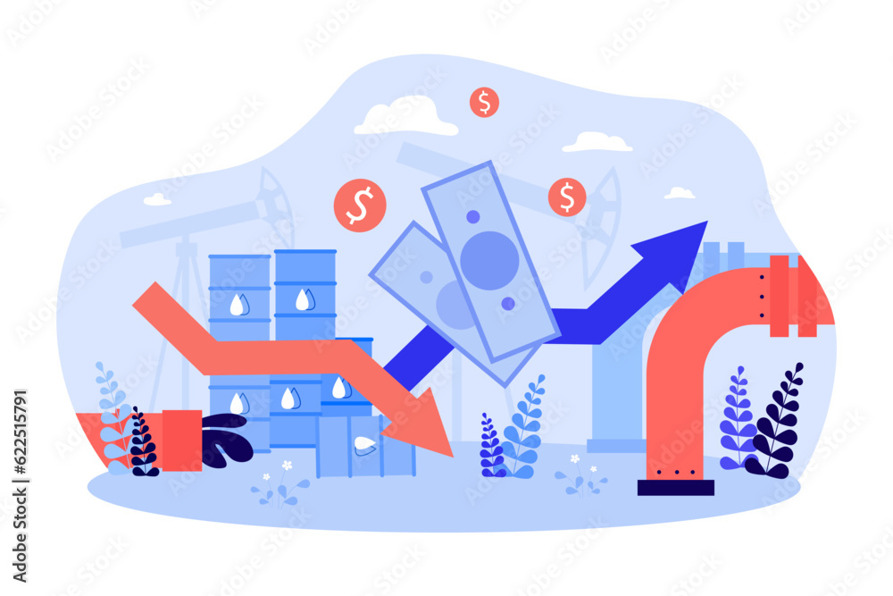 Oil prices chart vector illustration. Barrels and gas pipes under ...