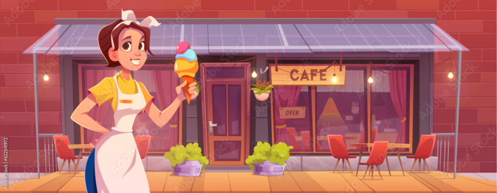 Girl outside street cafe with icecream vector illustration. woman chef ...