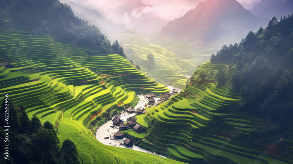 Drone view of rice plantation in bali with path to walk around and ...