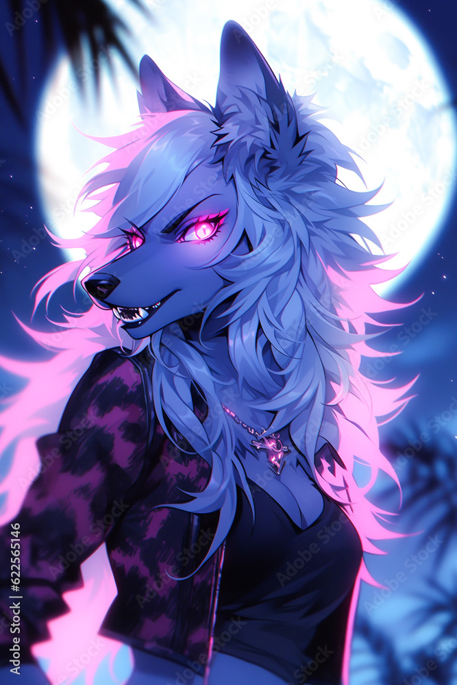 Sexy werewolf or wolf girl fursona, cartoon synthwave style with an ...