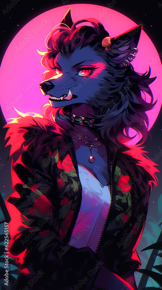 Sexy werewolf or wolf girl fursona, cartoon synthwave style with an ...