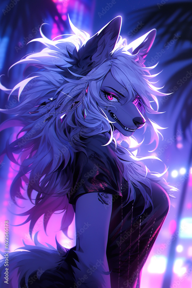 Sexy werewolf or wolf girl fursona, cartoon synthwave style with an urban night as backdrop ...