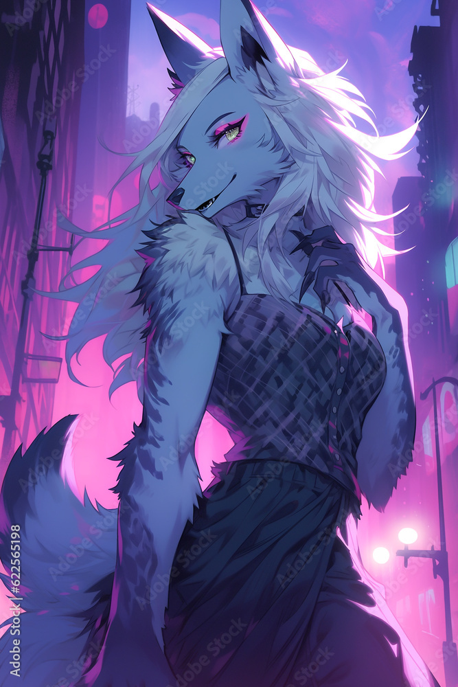 Sexy werewolf or wolf girl fursona, cartoon synthwave style with an urban night as backdrop ...
