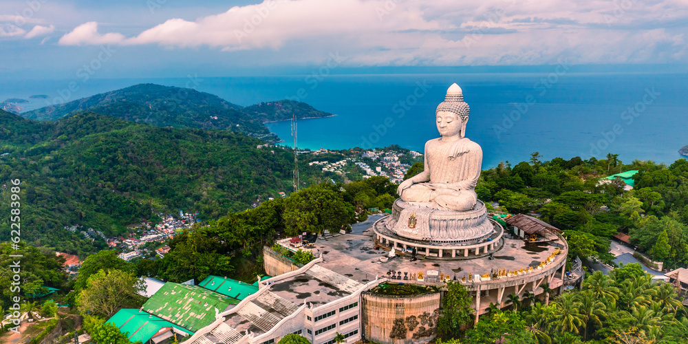 Phuket white Big Buddha statue on blue sky background. Aerial view of ...