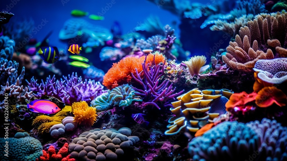 Colorful tropical coral reef with fish. Vivid multicolored corals in the sea aquarium. Beautiful ...