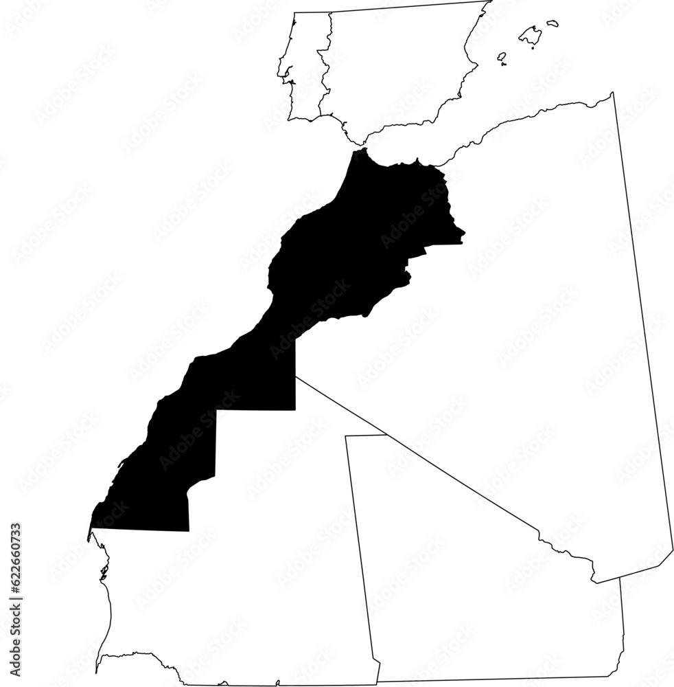 Map of an outline of the country of Morocco highlighted in black ...