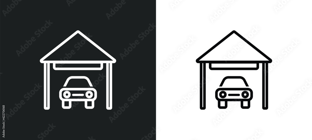 car inside a garage outline icon in white and black colors. car inside ...