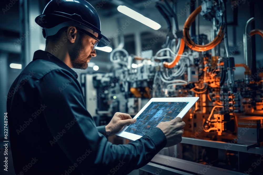 Robotic Process Automation engineer using laptop for smart factory automation software ...