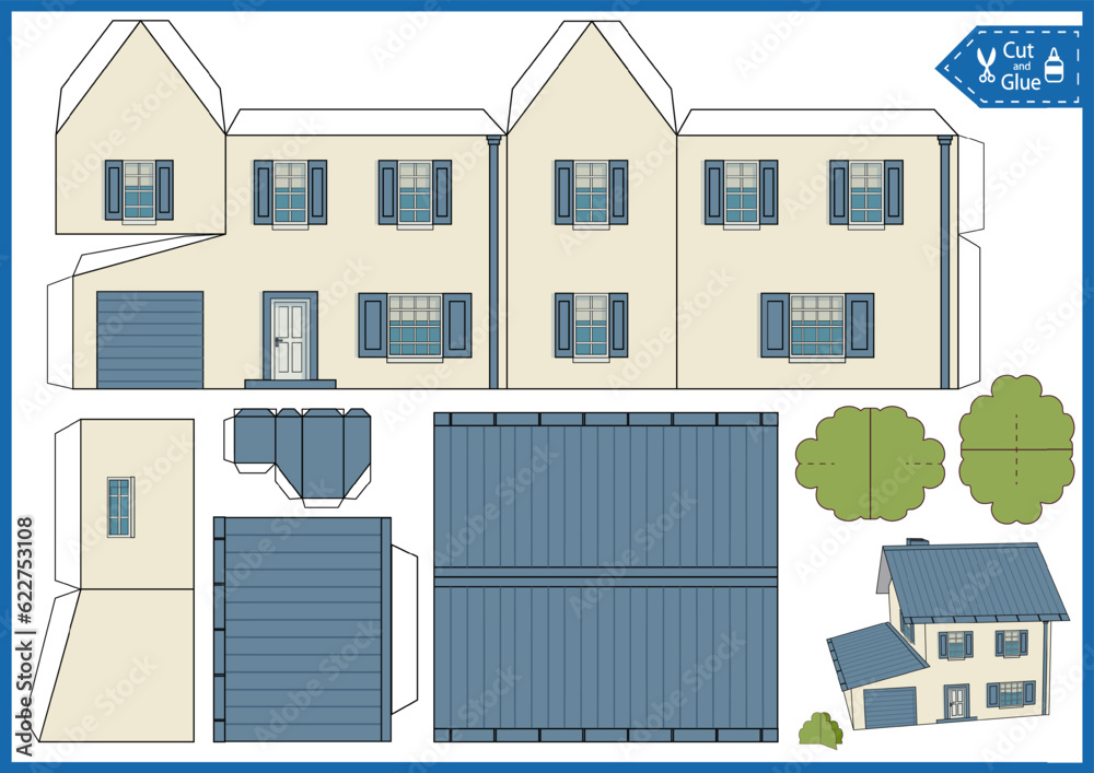 Craft game cut and glue paper 3d house with garage. Education activity ...