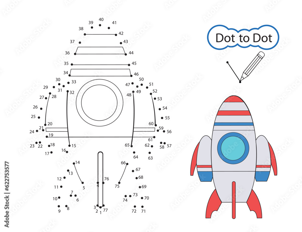 Kids game dot to dot draw of rocket. Activity education worksheet. Kids ...