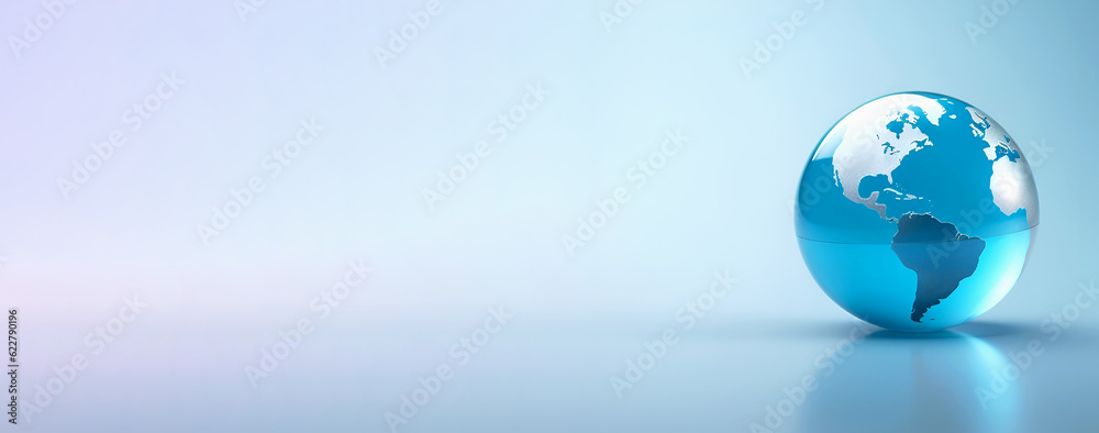 Transparent glass blue globe on light background. Banner. Education ...