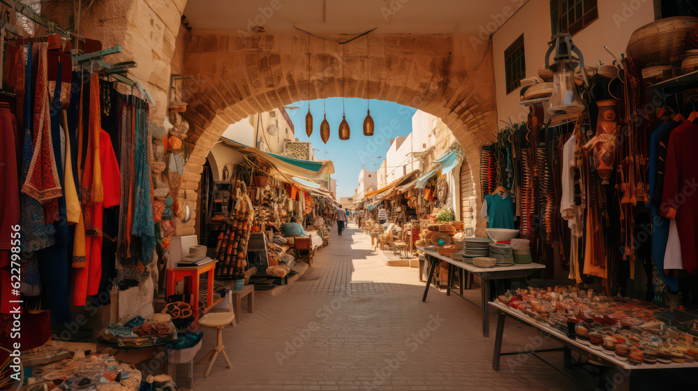 Colorful shopping street in the style of Djerba featuring pottery ...