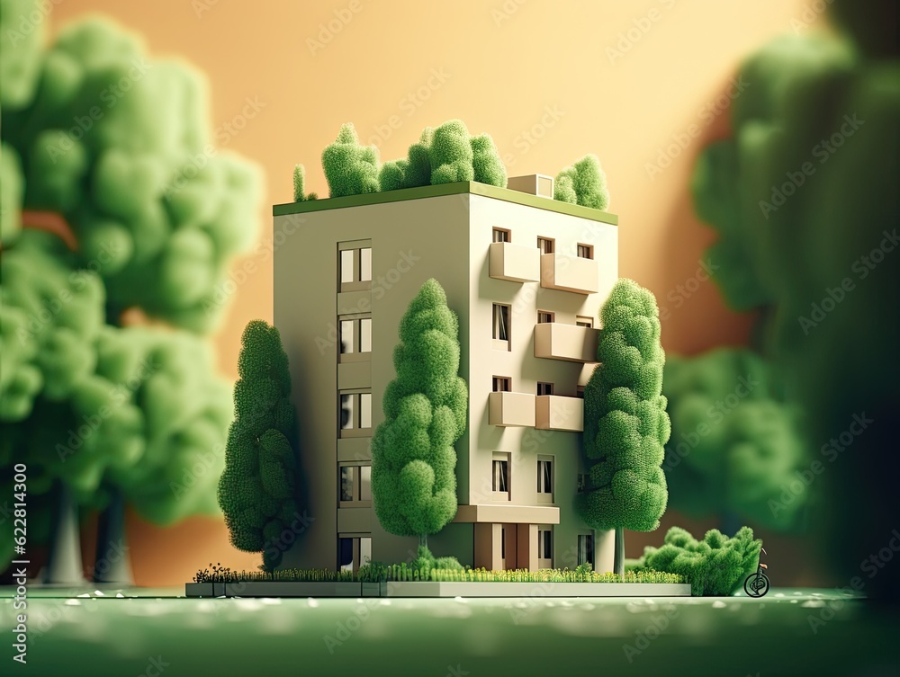 Apartment building with trees around it. Illustration in animated style ...