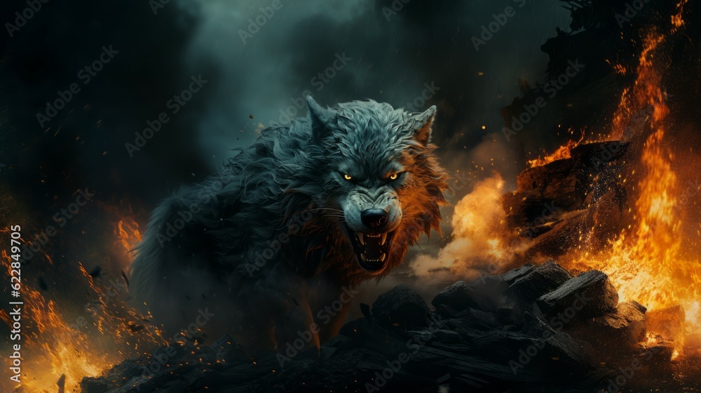 Illustration Stock Furious wolf in the fire of destruction. Angry furry ...