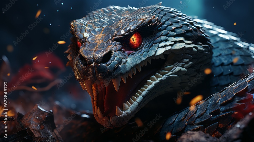 Mad snake in the fire of destruction. Angry serpent with a growl giving ...