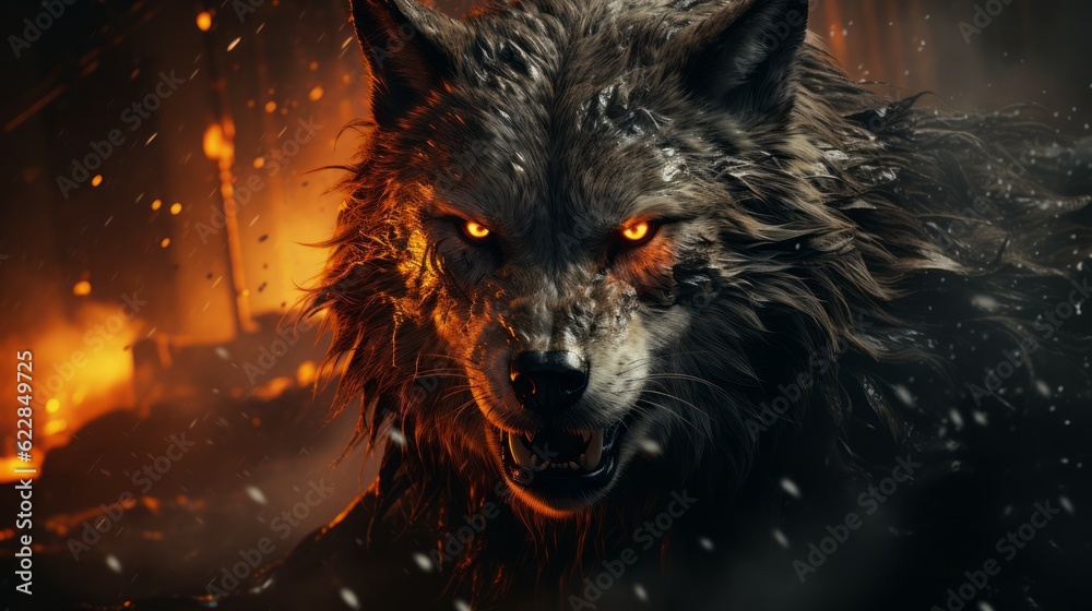 Furious wolf in the fire of destruction. Angry furry wolf with a growl ...
