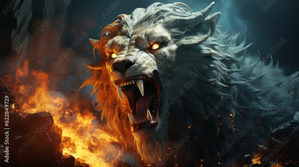 Angry beast with horns standing in the fire of destruction. Furious ...