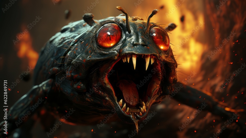 ภาพประกอบ Stock Angry ladybug in the fire of destruction. Angry bug ...