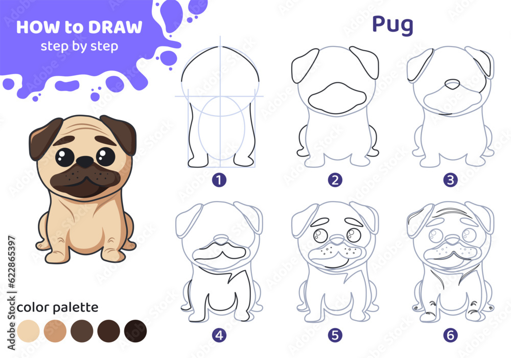Drawing tutorial for kids. Education worksheet. How to draw pug. Step ...