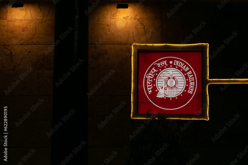 Logo of Indian railways with dark surrounding. Main focus is on the ...