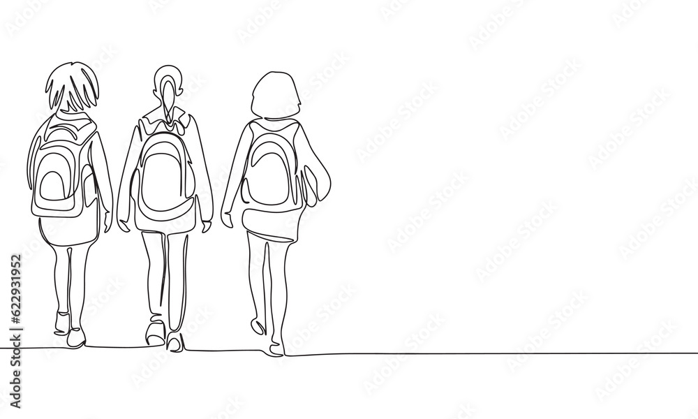 School minimal banner. One line continuous with school students ...