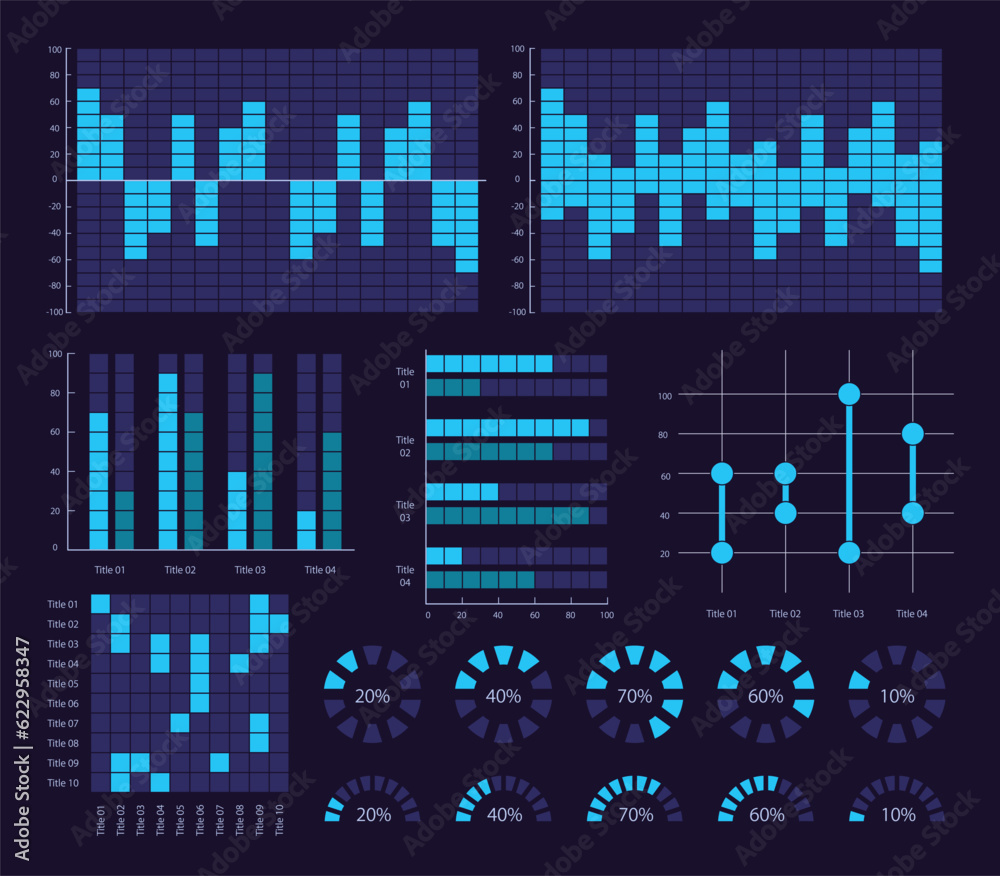 Commercial analysis results infographic chart design template set for dark theme. Visual data ...