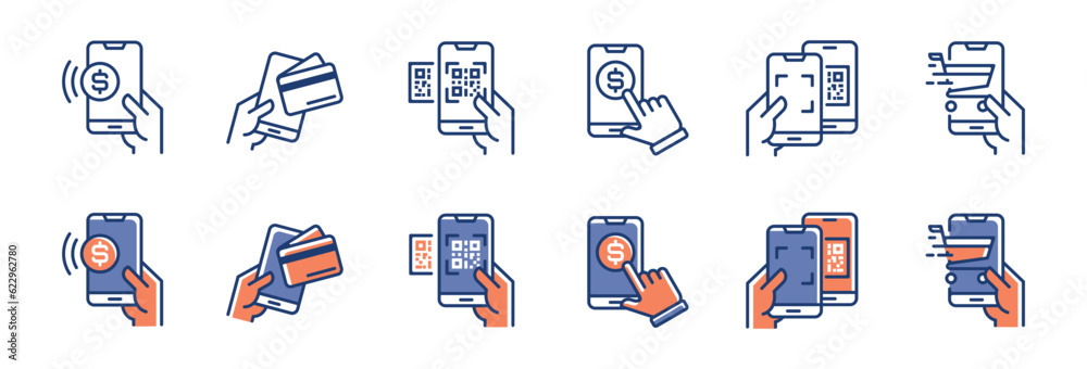 cashless mobile payment qr code icon set vector pos shopping smartphone ...