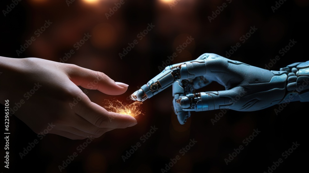 The human finger delicately touches the finger of a robot's metallic ...