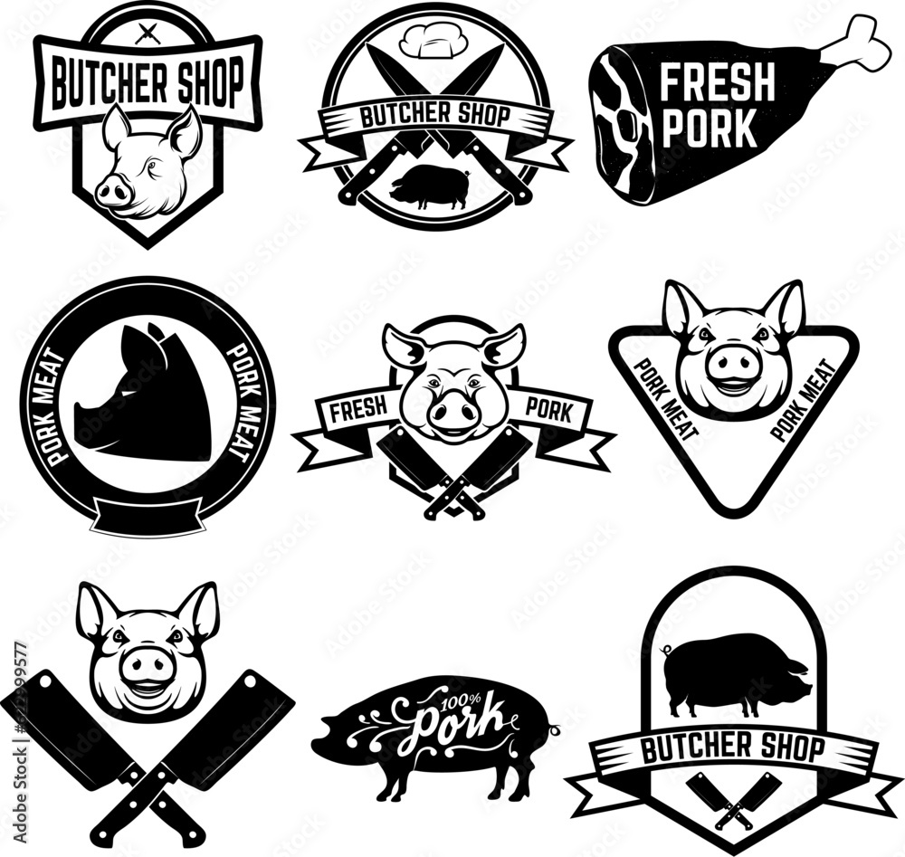 Pork meat, butcher shop labels. Design element for logo, label, emblem ...