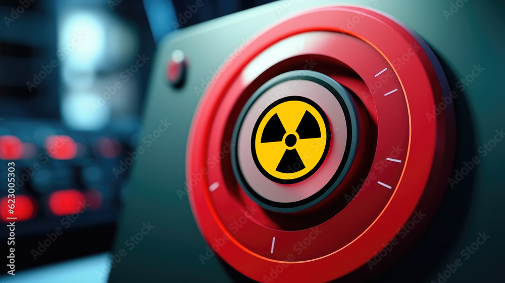 Big Red Button with Nuclear Logo on Control Panel: Symbolic Image of ...