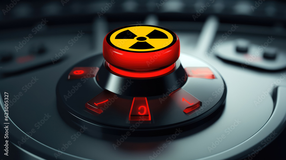 Big Red Button with Nuclear Logo on Control Panel: Symbolic Image of ...