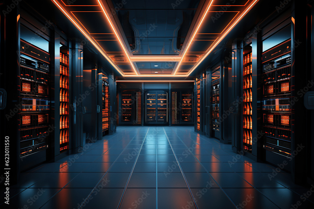 Server room, multiple server rack hall in a darkly lit office, Data center with multiple rows ...