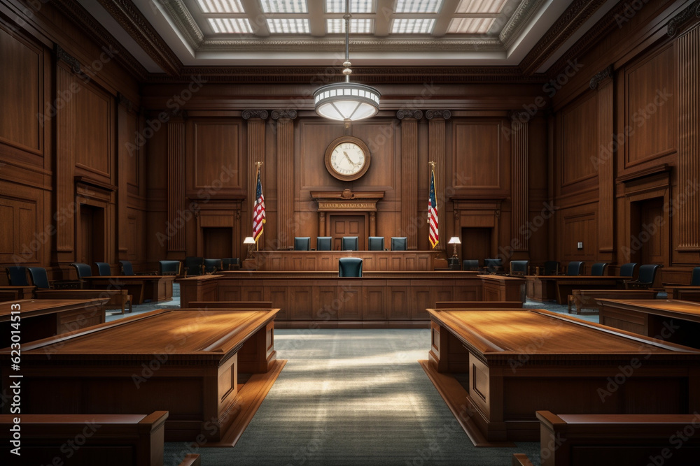 Empty American style courtroom. Supreme Court of Justice and Court of ...