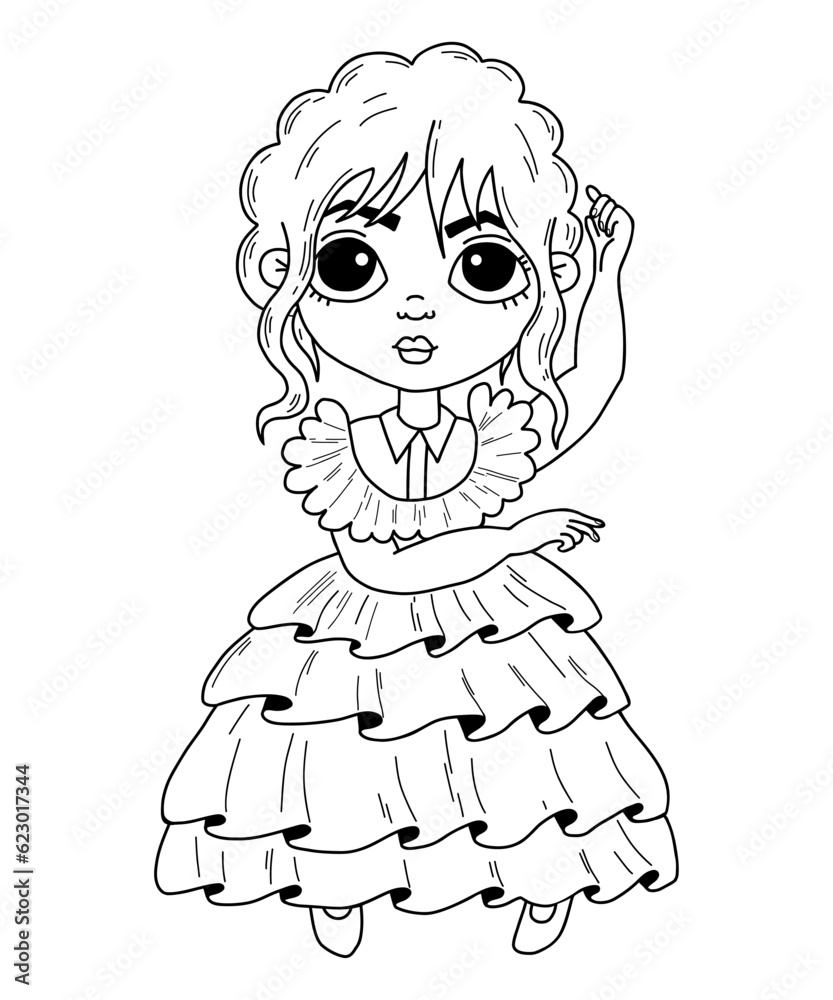 Cute fantasy dancing of girl. Outline hand drawing character fantasy ...