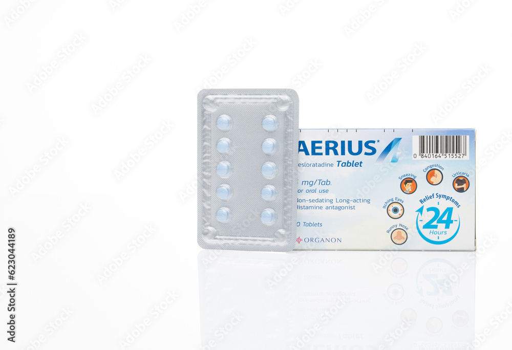 CHONBURI, THAILAND-MAY 3, 2023: Aerius with packaging on white ...