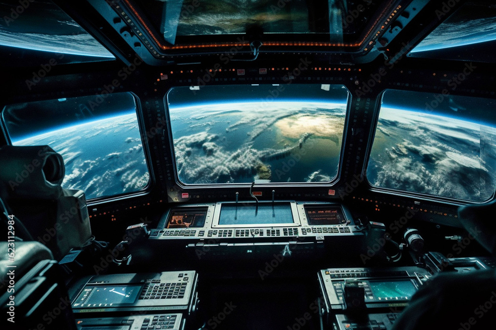 Shuttle, window and space earth in night armageddon universe, galaxy ...